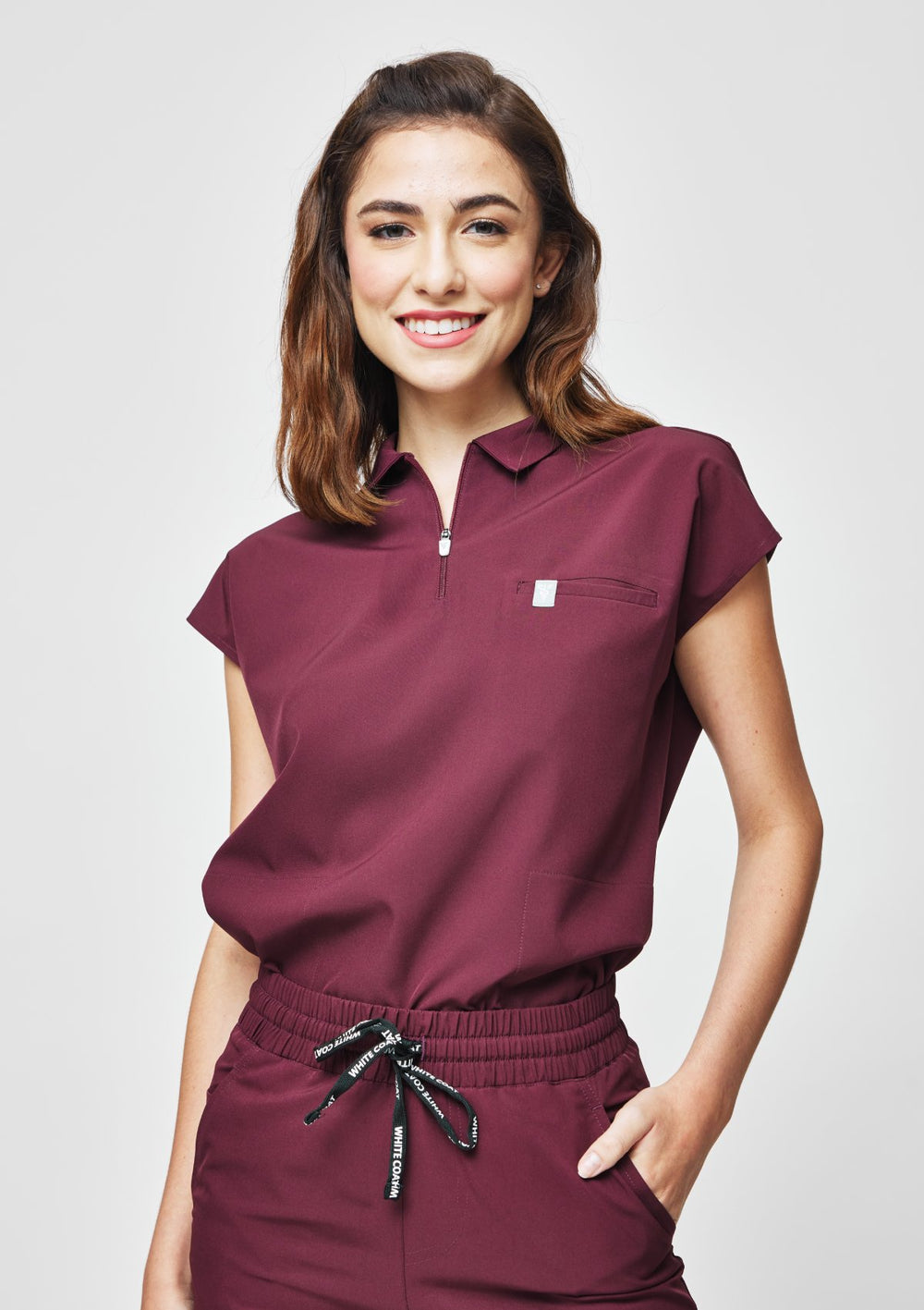 Zip-Up Polo MoveTech® Scrub Top - Women / Merlot