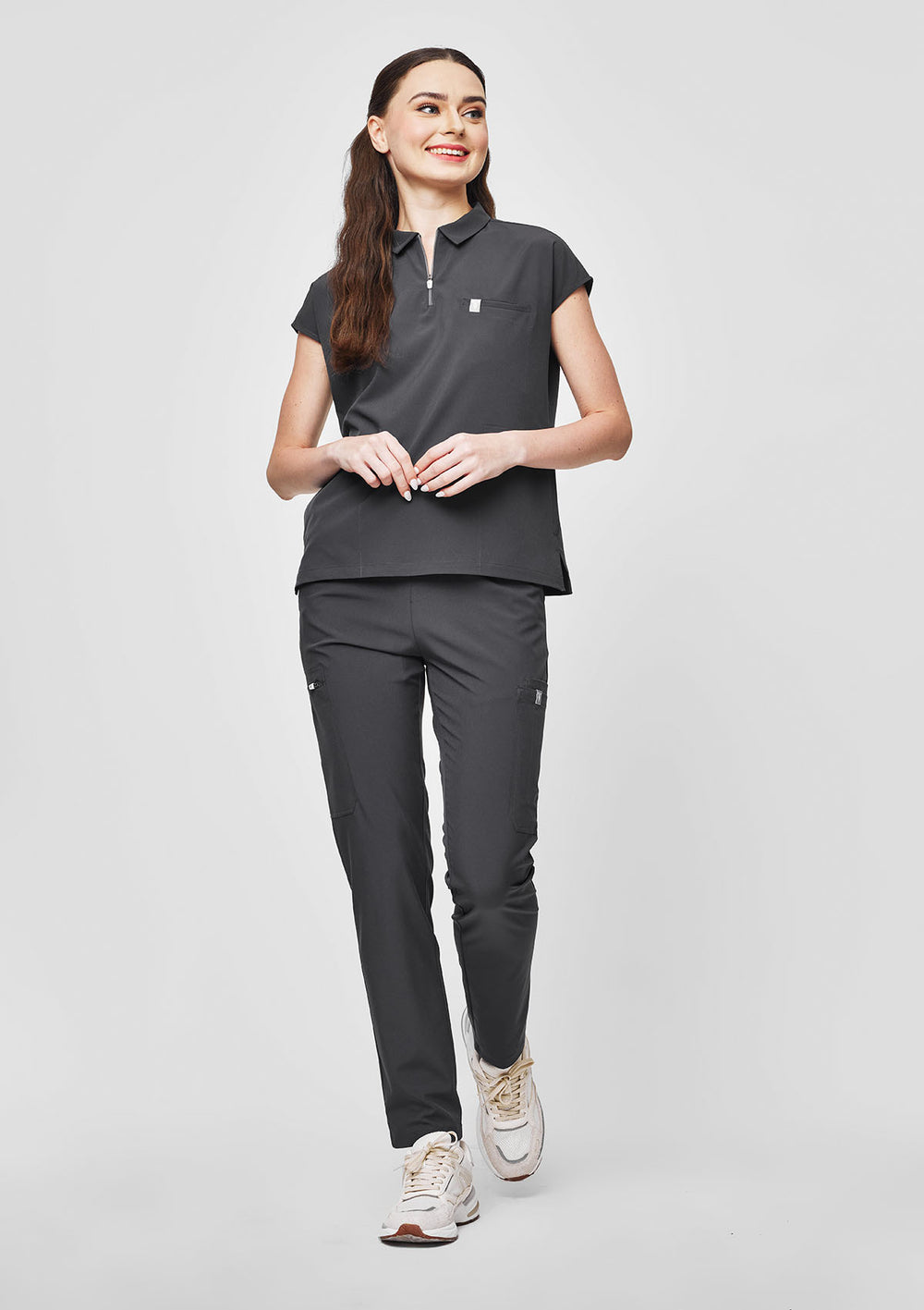 Zip-Up Polo MoveTech® Scrub Top - Women / Graphite
